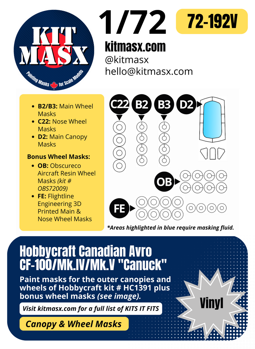Hobbycraft Canadian Avro CF-100/Mk.IV/Mk.V "Canuck" 1/72 Canopy & Whee – Kit Masx