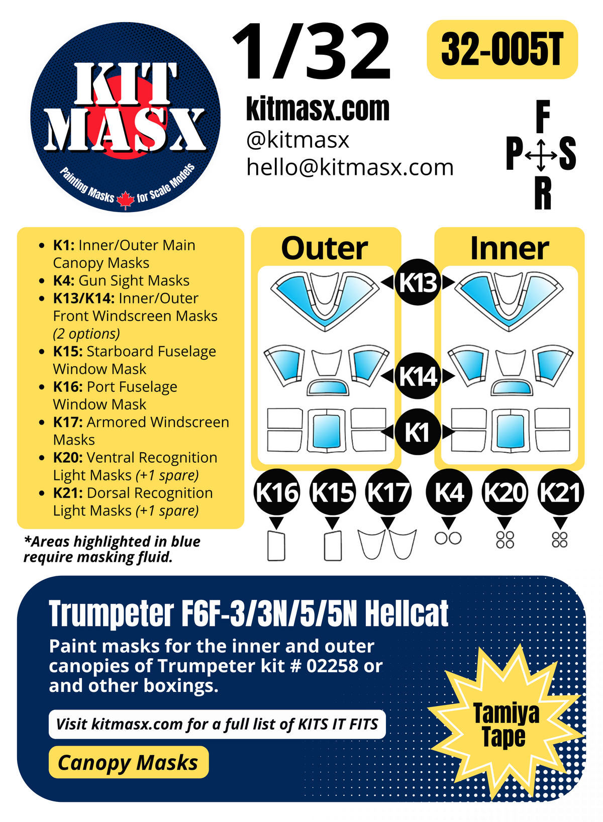 Trumpeter F6F-3/3N/5/5N Hellcat 1/32 Canopy Paint Masks, Kit # 02258 ...