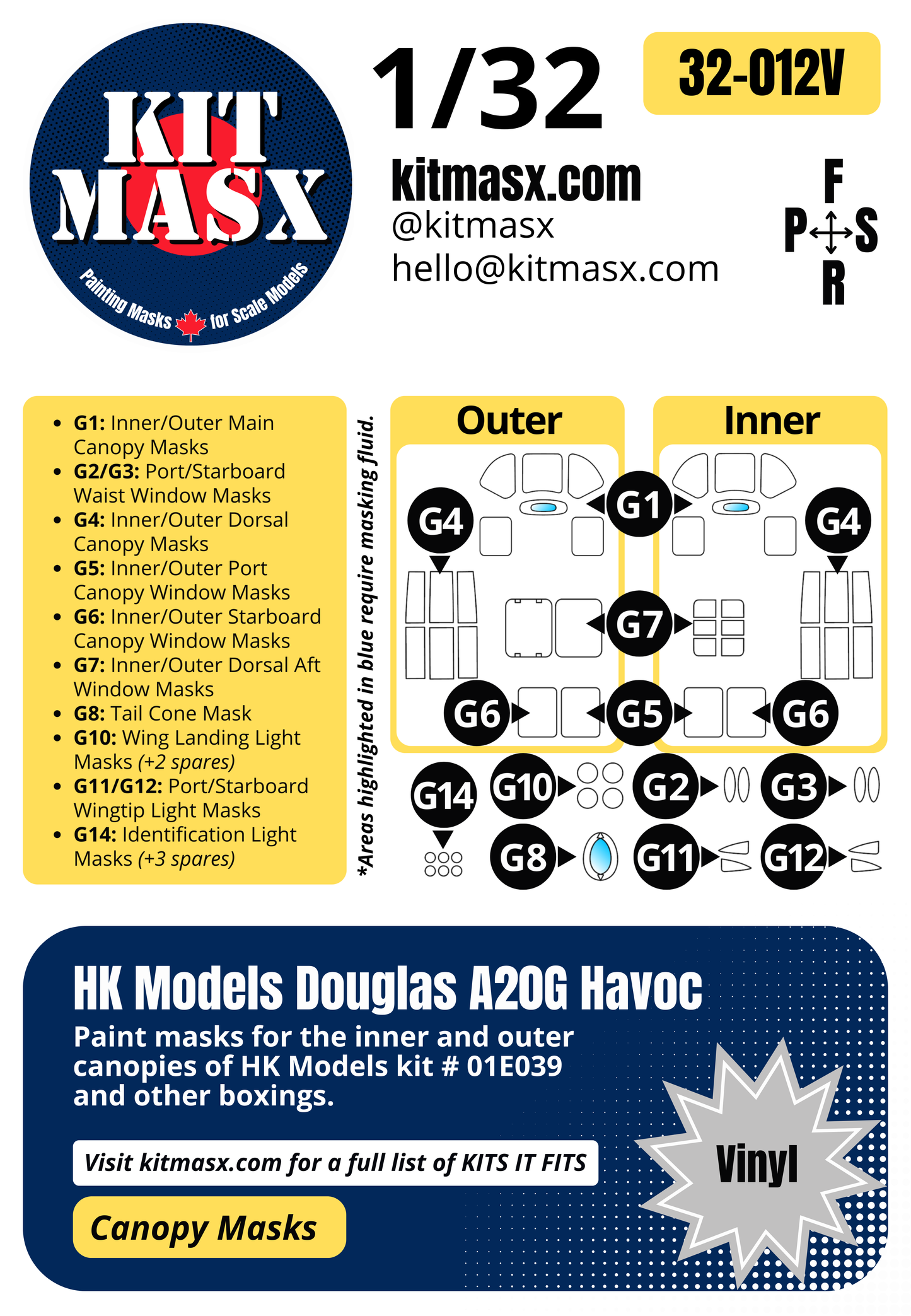 HK Models Douglas A-20G Havoc 1/32 Canopy Paint Masks, Kit # 01E039 ...