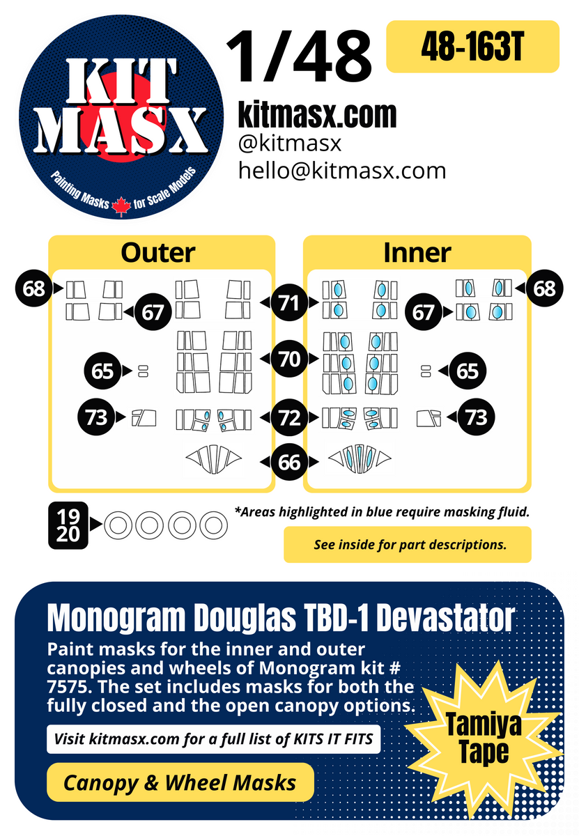 Monogram Douglas TBD-1 Devastator 1/48 Canopy & Wheel Paint Masks, Kit ...