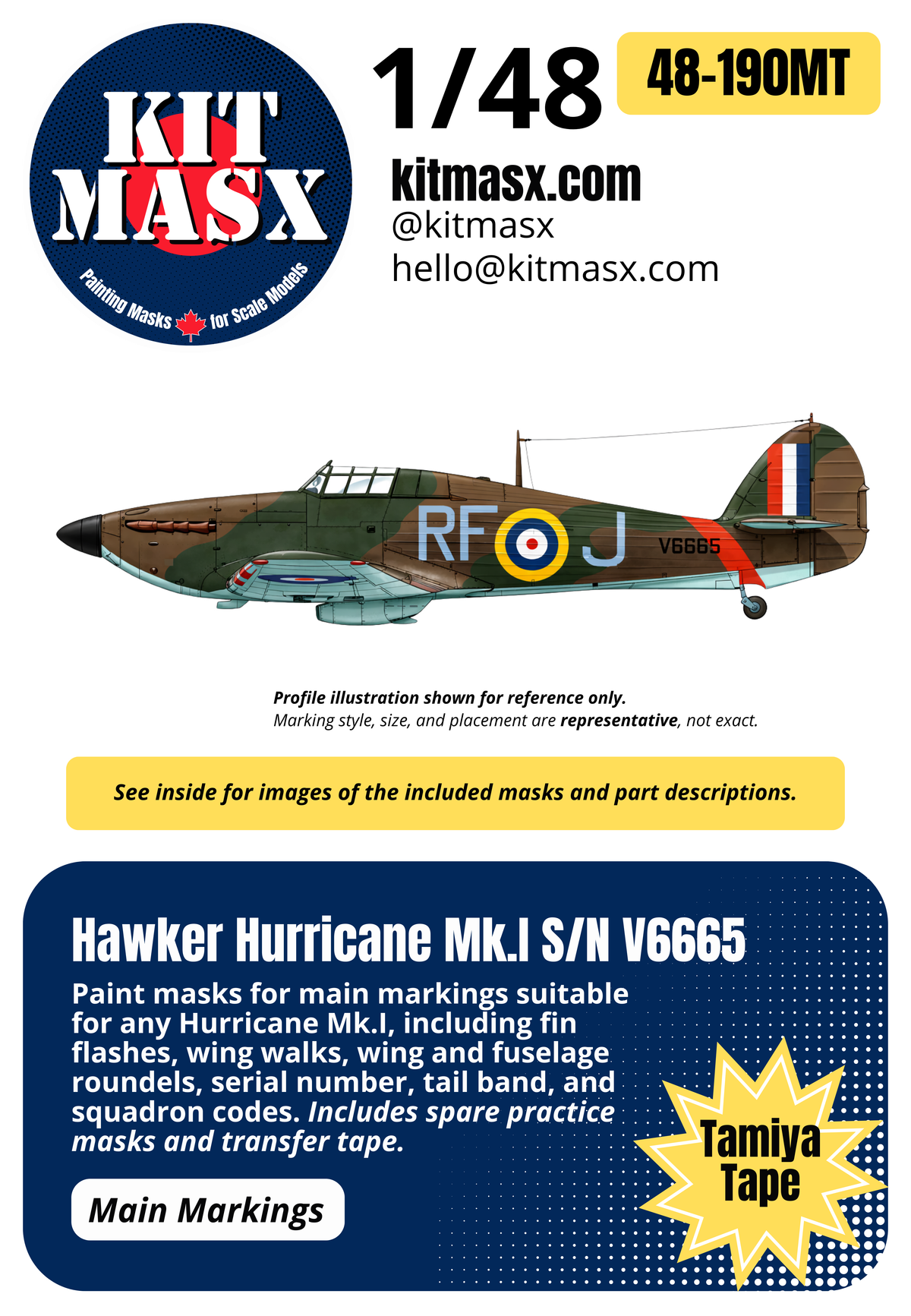 Hawker Hurricane Mk.1 S/N V6665 1/48 Main Marking Paint Masks – Kit Masx