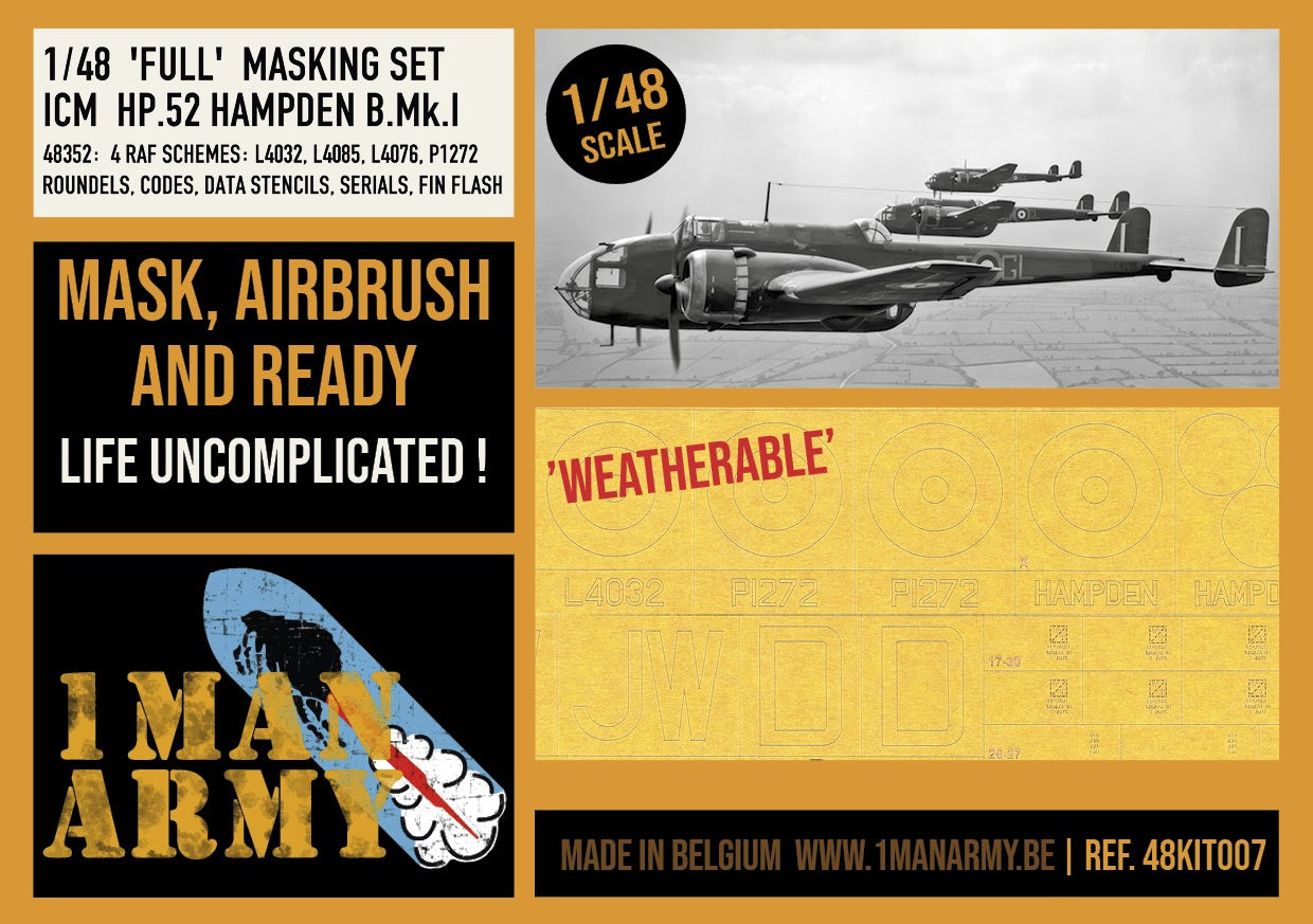 1ManArmy 1/48 ICM HP.52 Hampden B.Mk.I Full Marking Set, High-Definiti ...