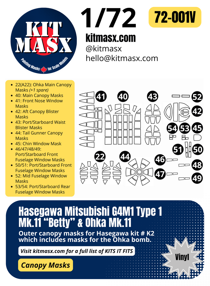 Hasegawa Mitsubishi G4M1 Type 1 Mk.11 “Betty” & Ohka Mk.11 1/72 Canopy ...