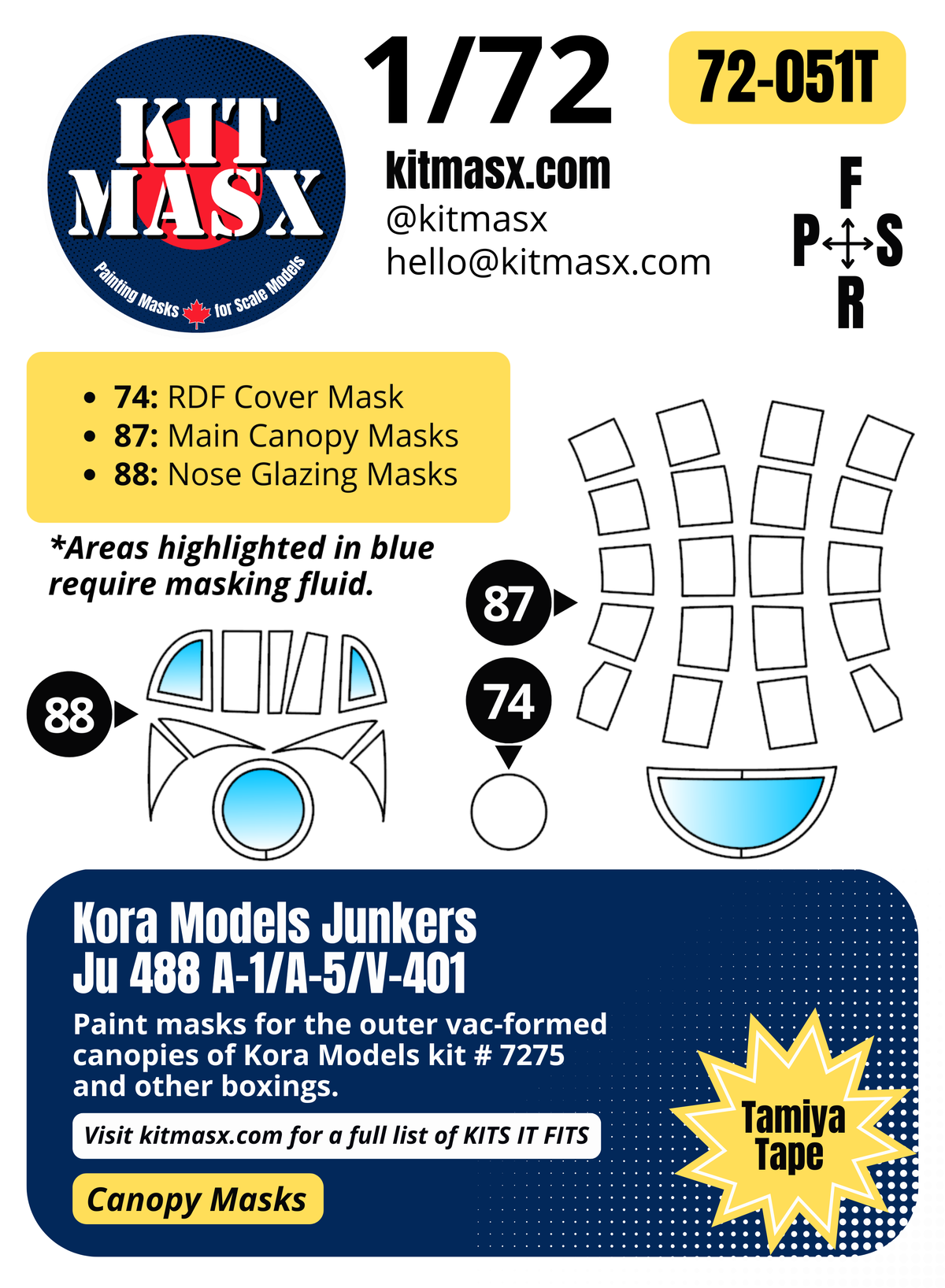 Kora Models Junkers Ju 488 A-1/A-5/V-401 1/72 Canopy Paint Masks, Kit ...