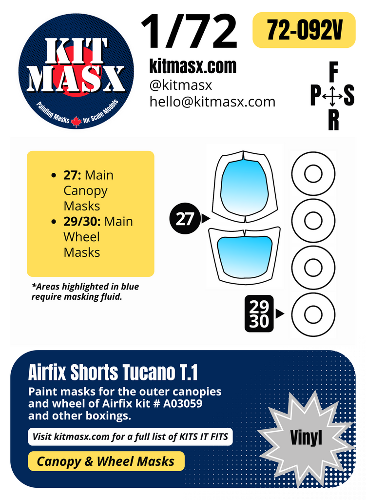 Airfix Shorts Tucano T.1 1/72 Canopy & Wheel Paint Masks, Kit # A03059 ...